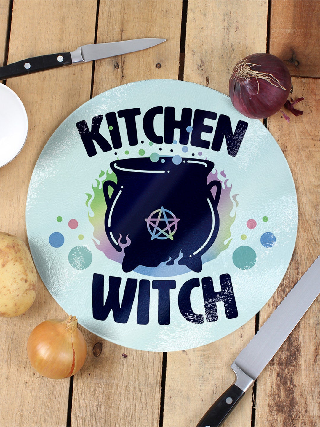 Kitchen Witch Circular Glass Chopping Board - Etsy
