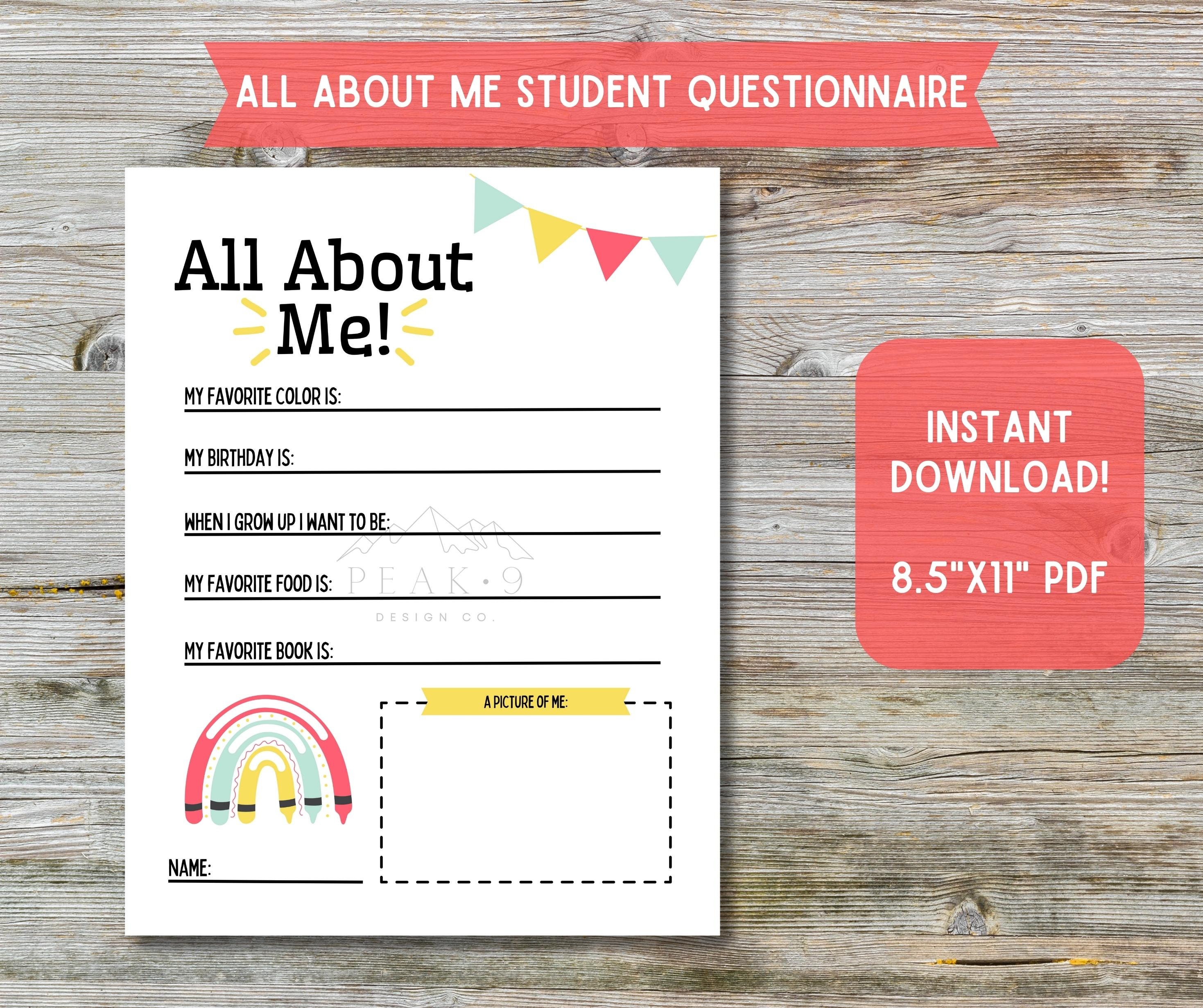 First Day of School Questionnaire Back to School Printable All About Me ...