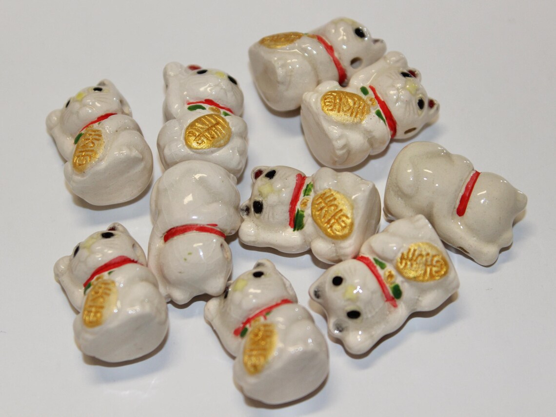 Hand Painted Maneki Neko Good Luck Kitty Beads, Peruvian Ceramic, 10 ...