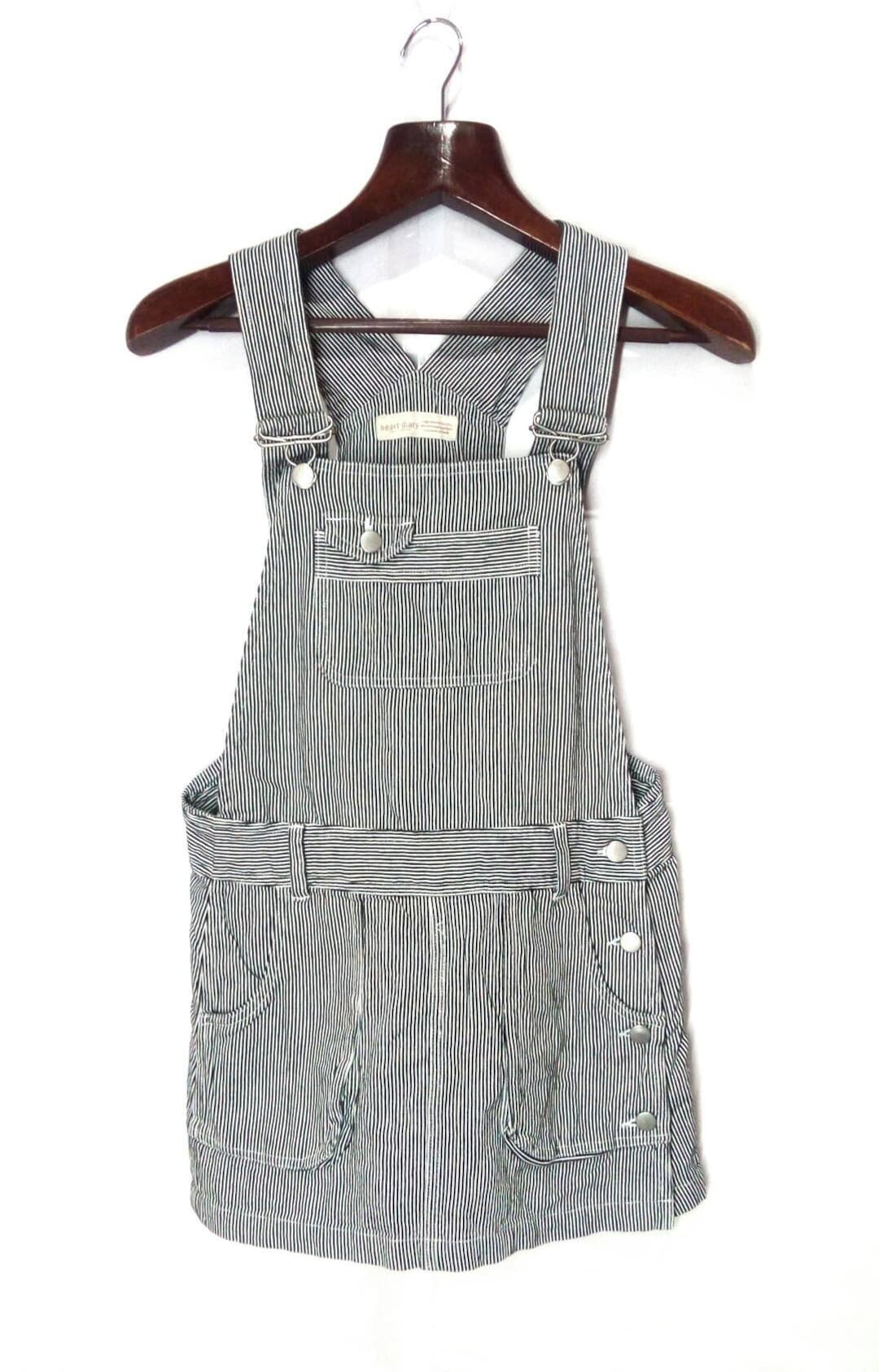 Vintage Hickory Stripe Overall Shorts Distressed Blue Denim Cut off ...