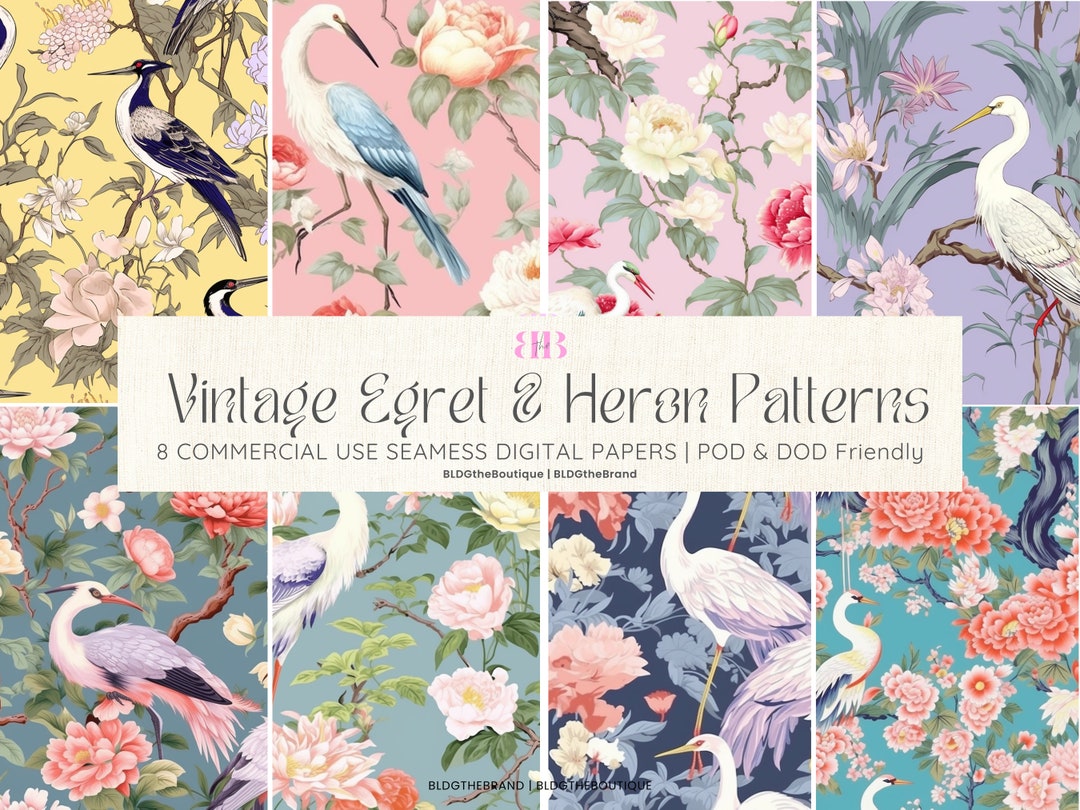 Vintage Egret Floral Seamless Patterns for Fabric, Heron Flower Print ...