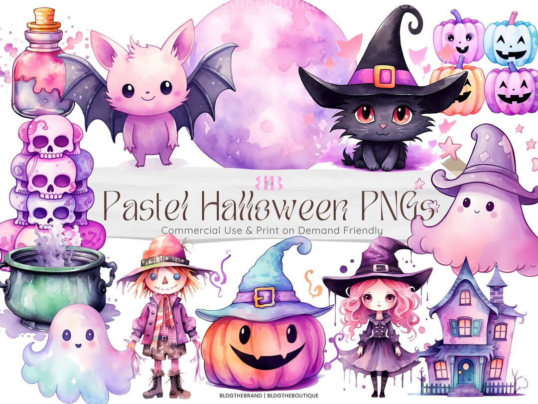 Pastel Halloween PNG Clipart Bundle, Cute Sheet Ghost Watercolor Clip ...