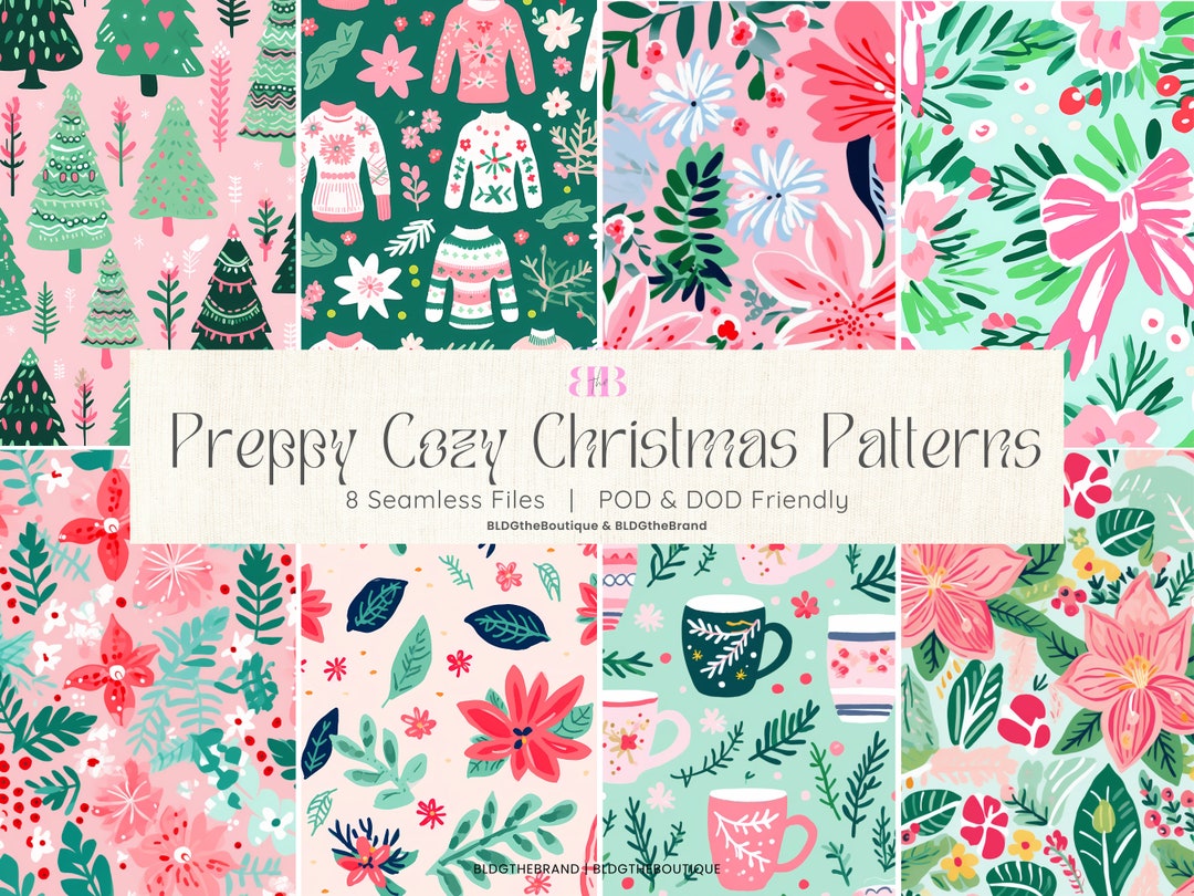 Preppy Pastel Christmas Seamless Patterns, Christmas Floral Digital ...