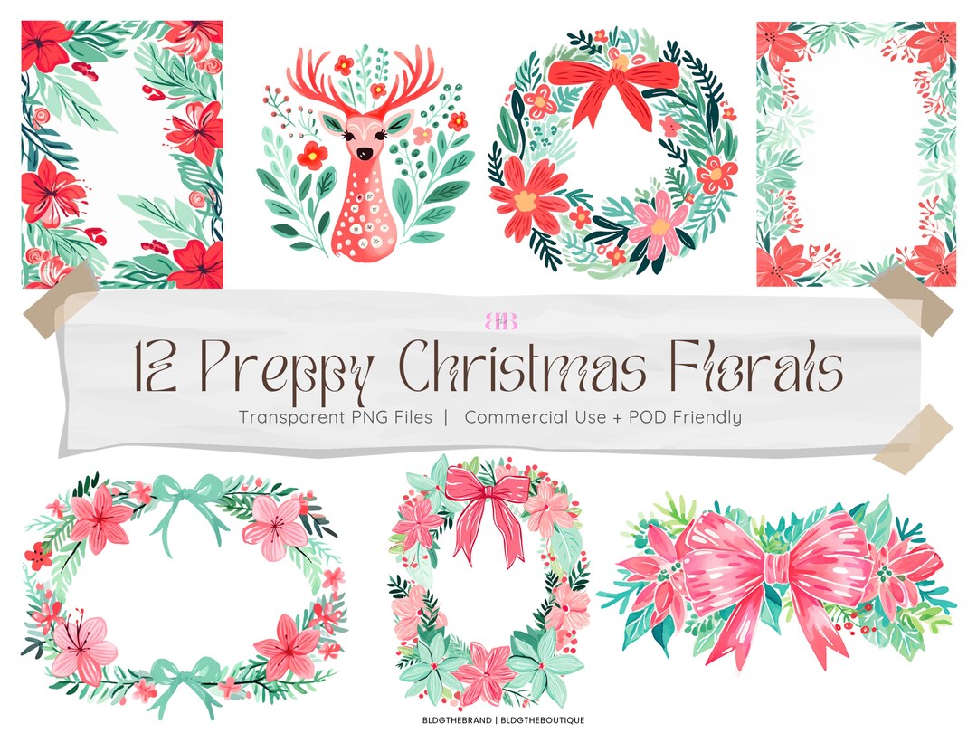Preppy Christmas PNG, Christmas Floral Clipart, Floral Border Clip Art ...