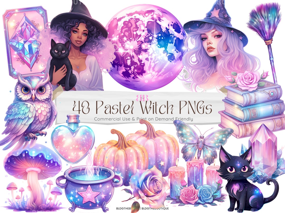 Pastel Witch Clipart, Cute Halloween PNG File, Witchy Sublimation ...