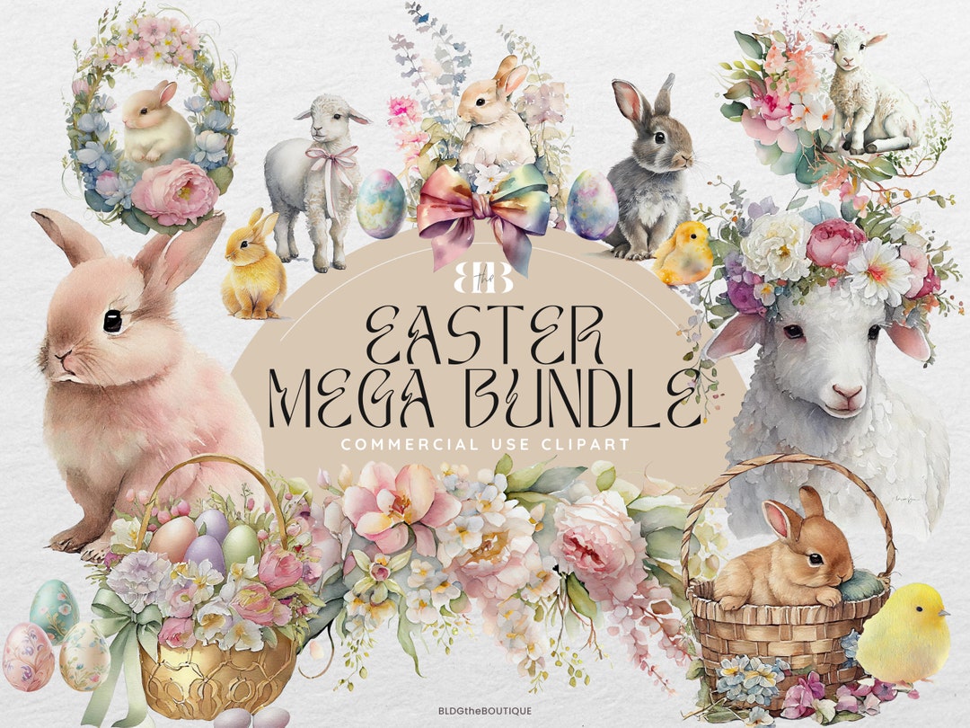 Easter Commercial Use Clipart Bundle, Baby Bunny, Watercolor Flowers ...