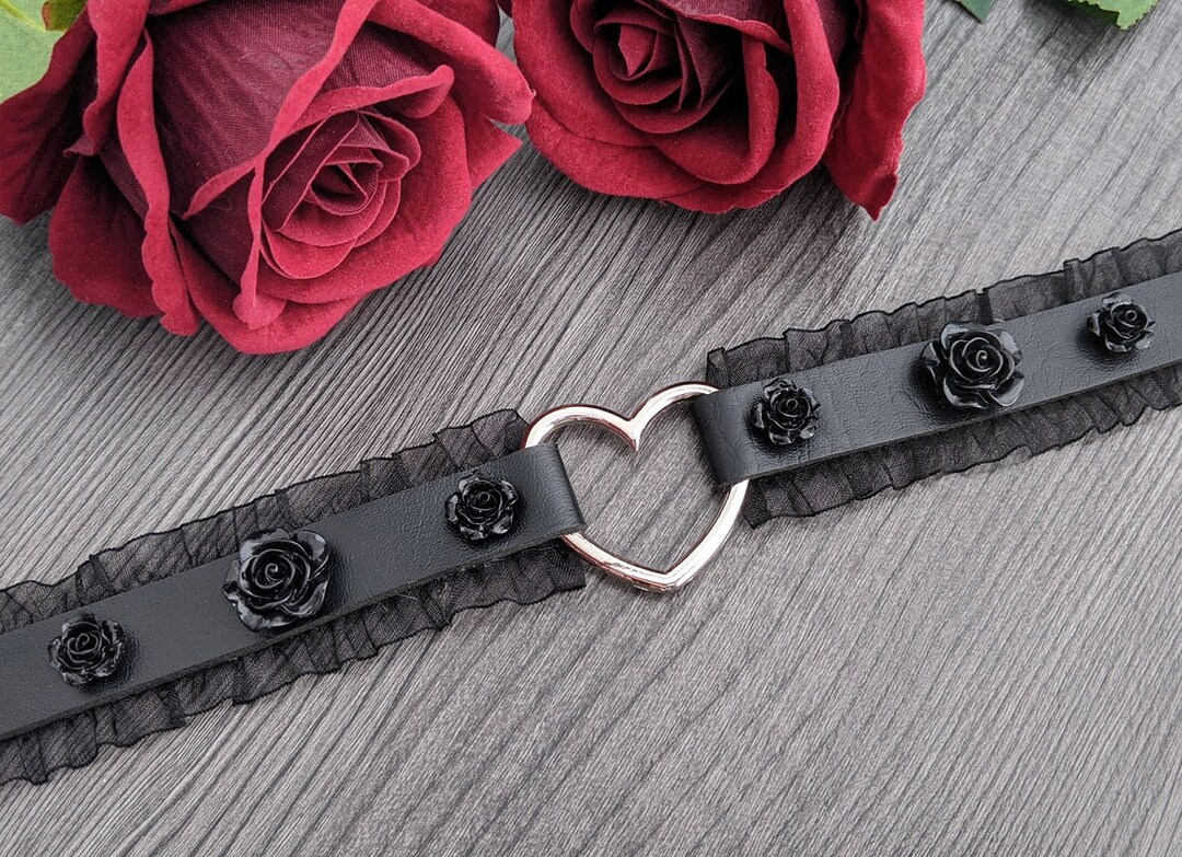Classic Gothic Leather Choker Black Frilly Necklace Collar With Roses ...