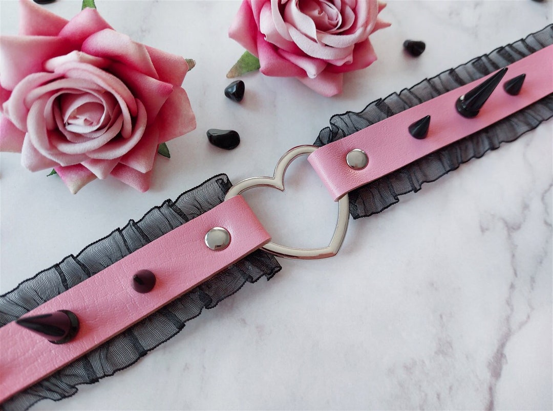Pink Black Pastel Goth Choker Long and Short Spikes W. Frills - Soft ...
