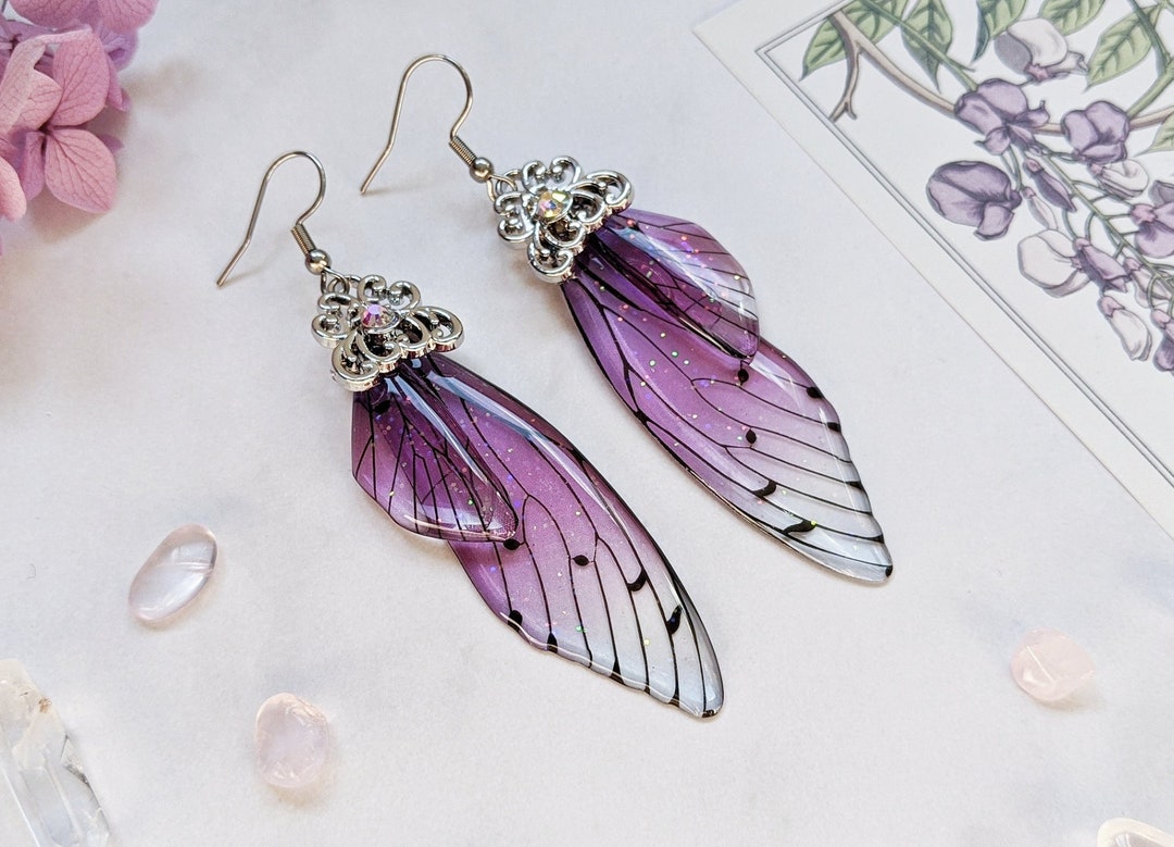 Butterfly Wing Fantasy Earrings Transparent Purple W. Glitter - Cute ...