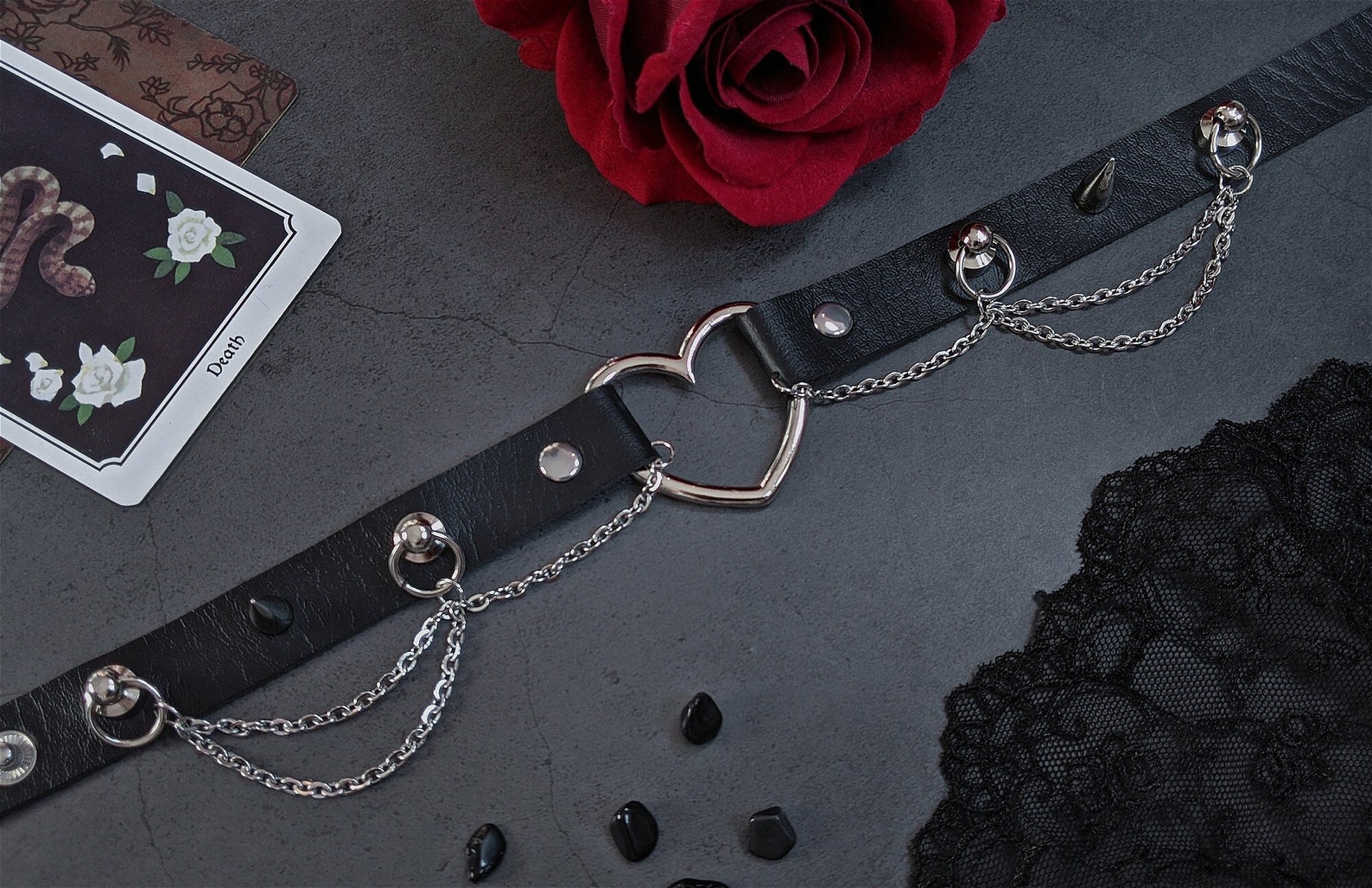 Black Gothic Leather Choker Collar With Chains, Spikes and O-rings ...