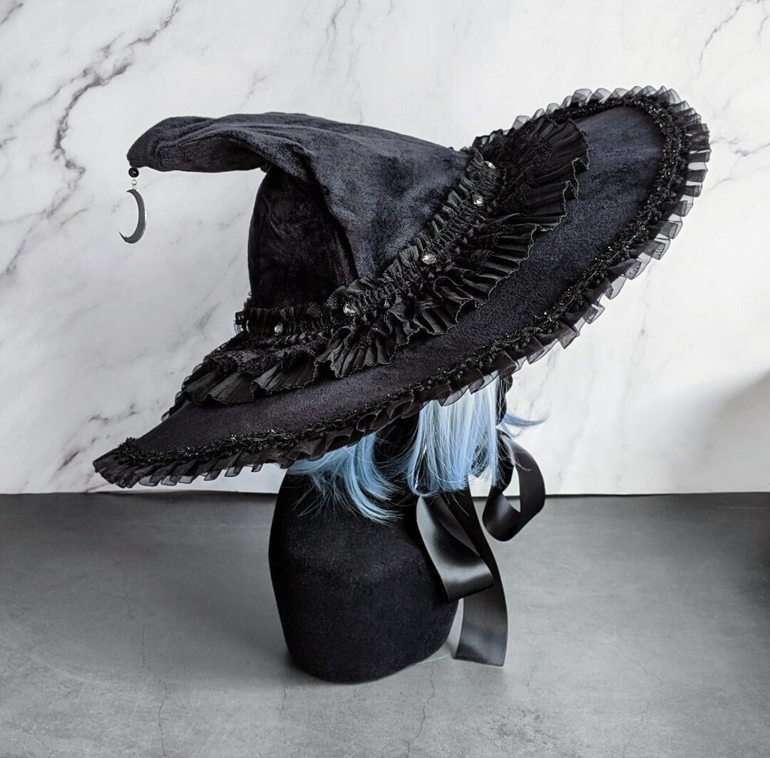 Black Velvet and Lace Gothic Witch Hat Silvery Moon - Cosplay Lolita ...