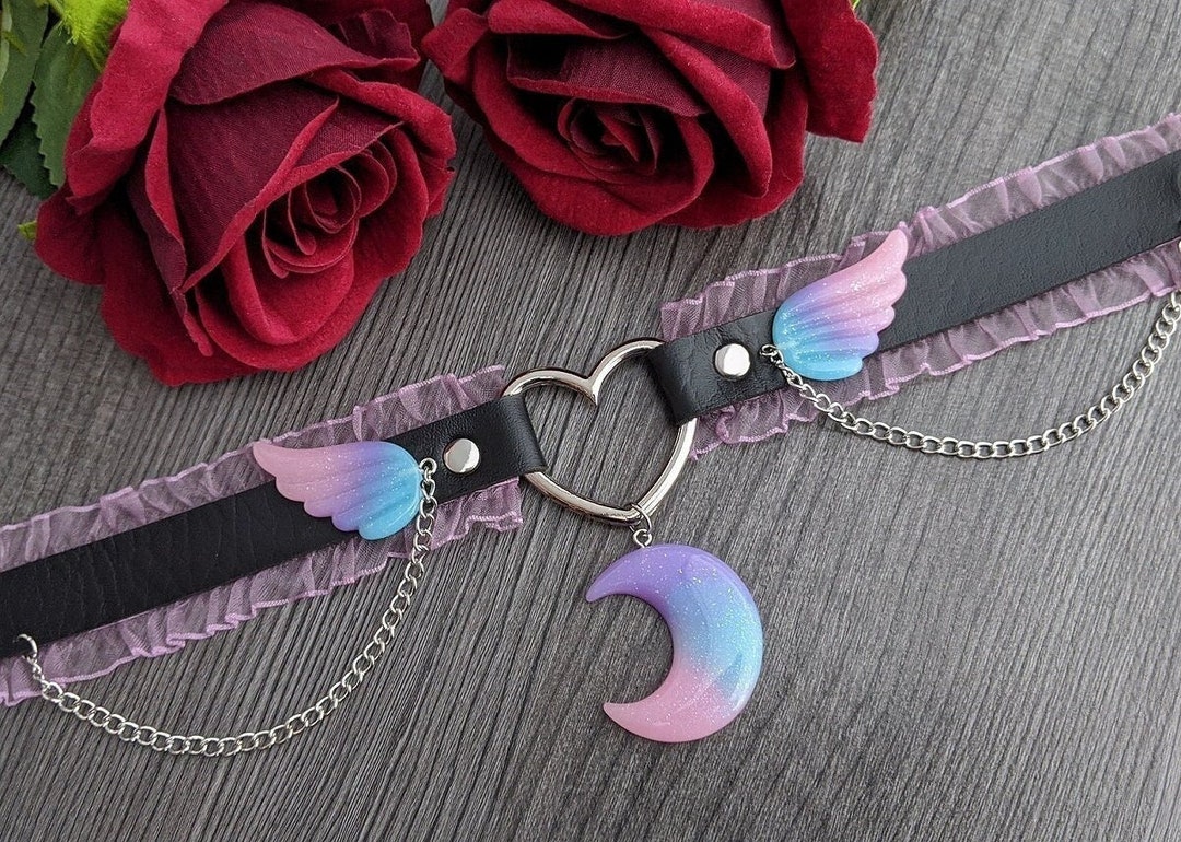 Pastel Goth Vegan Leather Choker Purple Black Pink With Frills Moon ...