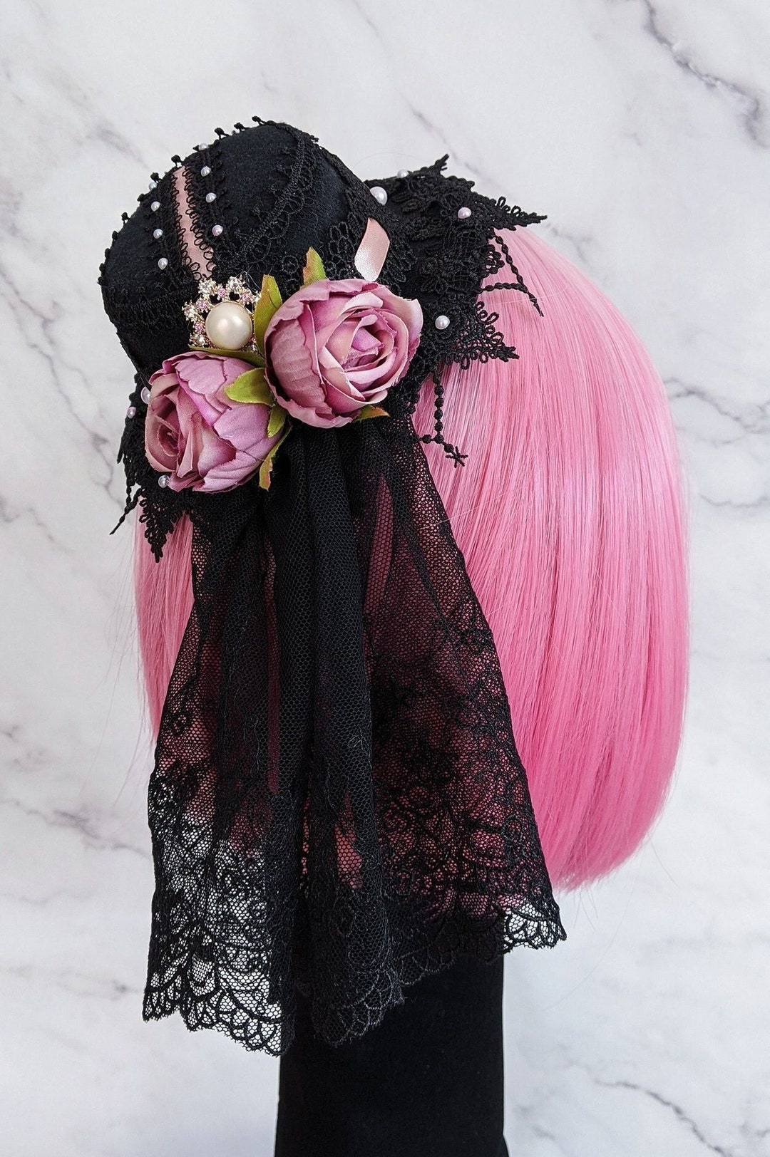 Lolita Fashion Mini Hat Black Lace Dusky Pink Roses Pastel Goth Gothic ...