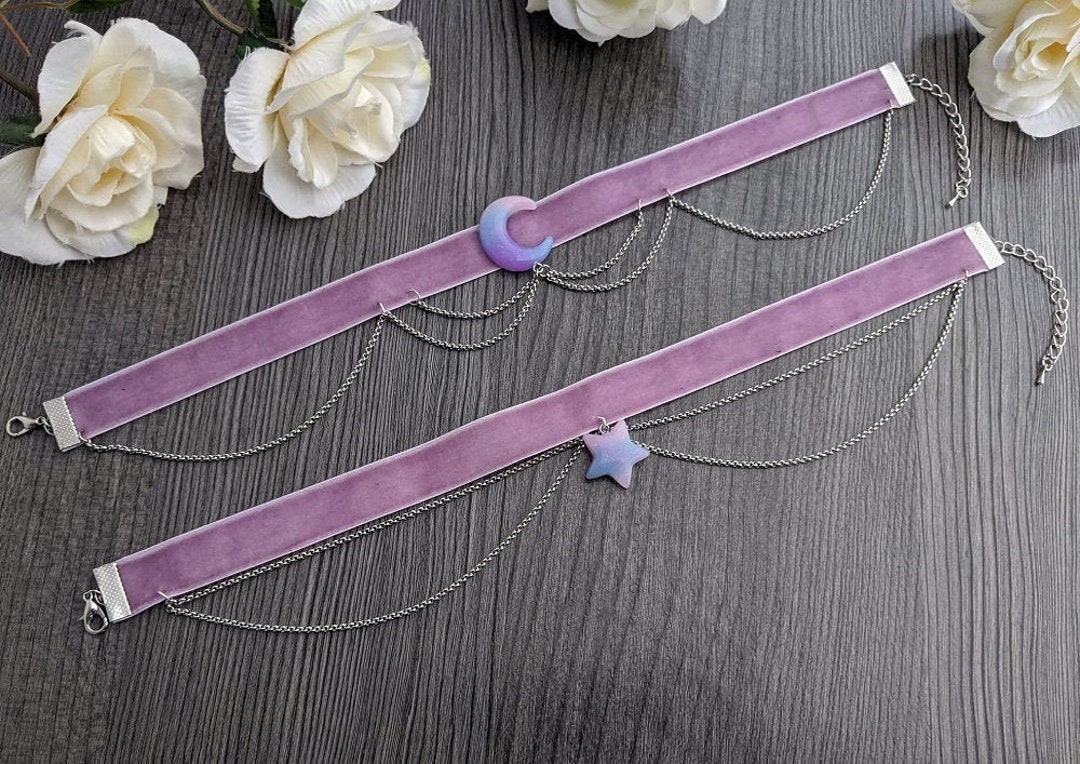 Kawaii Fashion Purple Velvet Choker With Glittery Resin Moon or Star ...