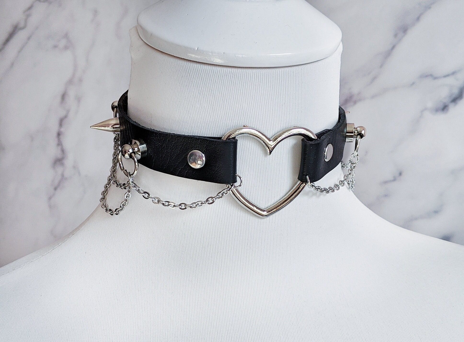 Black Gothic Leather Choker Collar With Chains, Spikes and O-rings ...