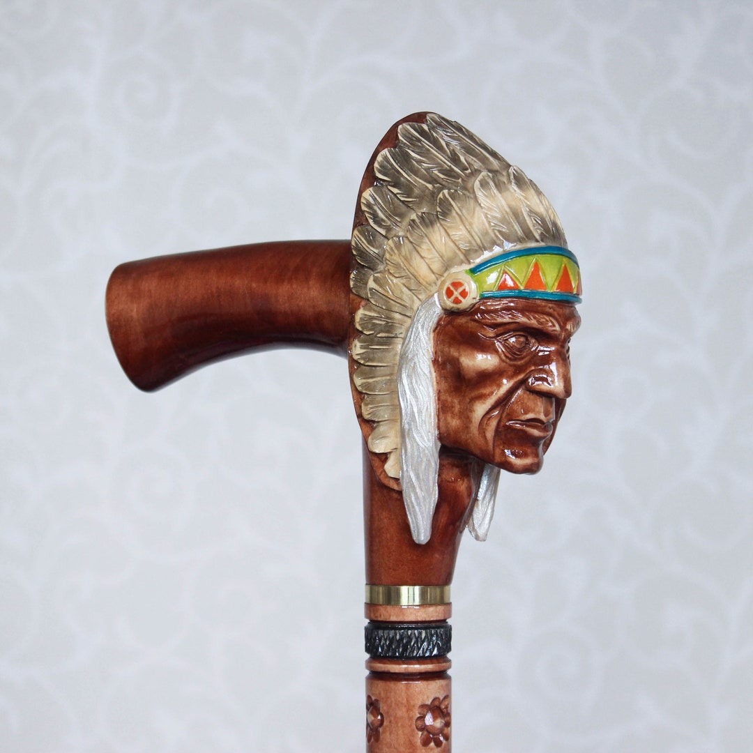 Hand Carved American Indian Chief Walking Cane: Handmade Wooden Hiking ...