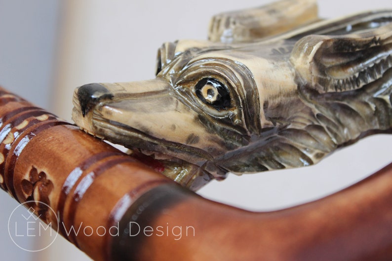 Walking Stick Wolf Carved Handle Wooden Cane Hiking Stick - Etsy