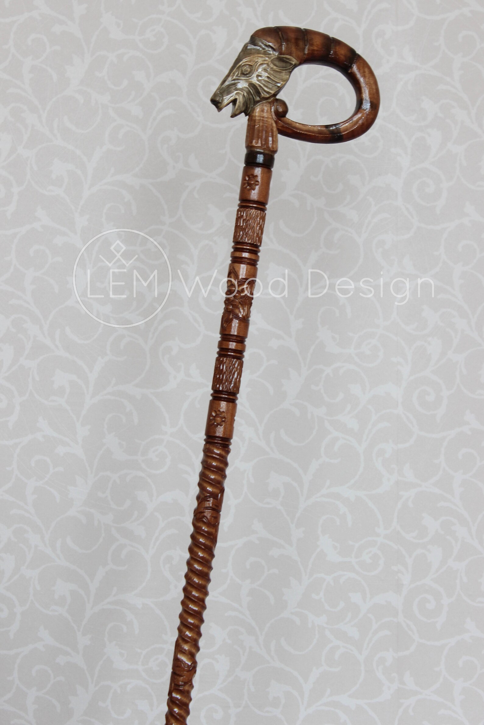Hand Carved Walking Cane Wooden Ram Open Carved Handle Wood Craft Staff ...