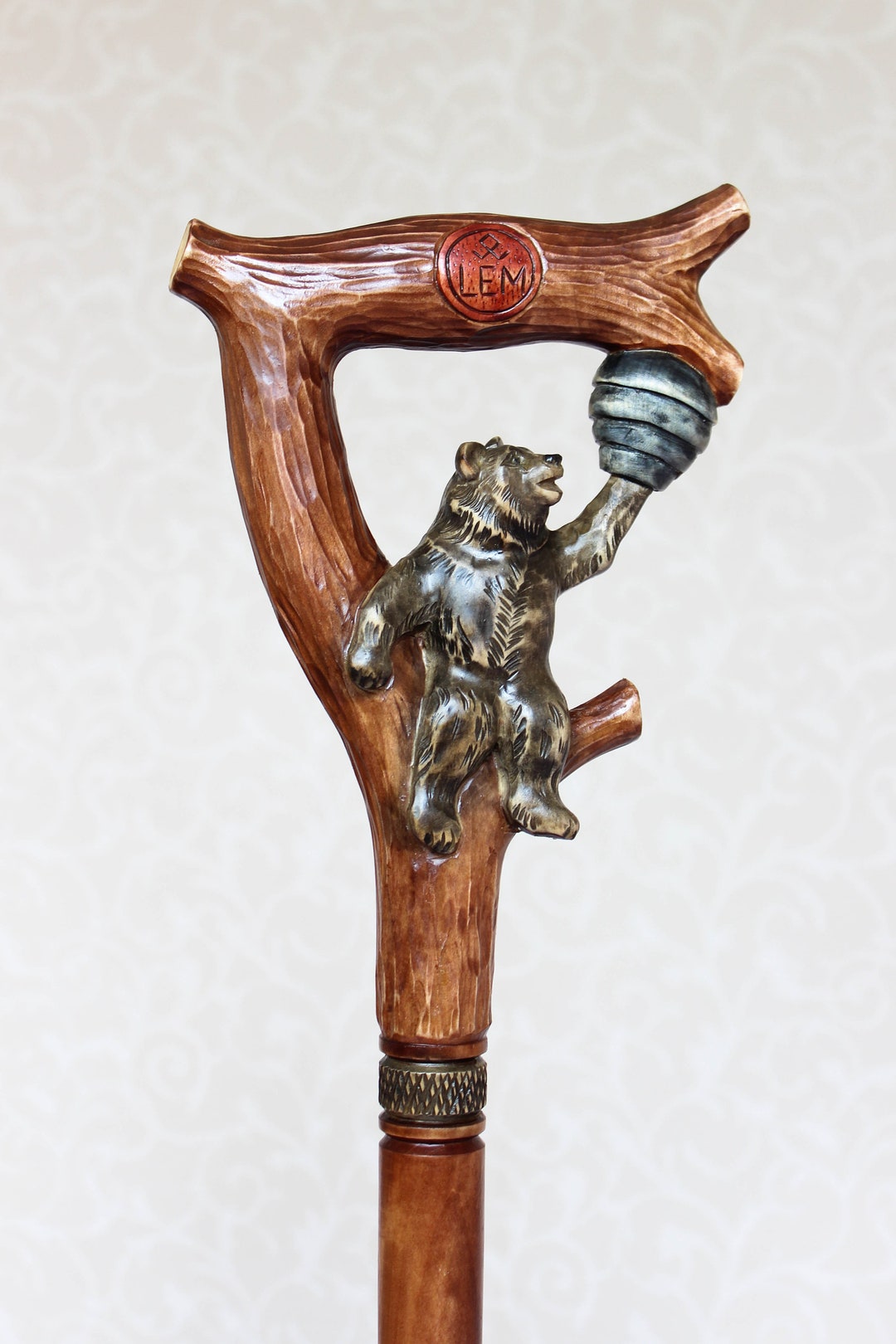 Walking Canе Bear and Hive Wooden Cane Walking Stick Handmade Carved ...