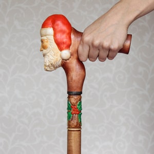 Christmas Cane With Santa Hand Carved Handle and Shaft Custom Walking ...