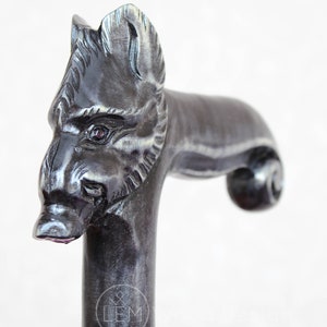 Walking Stick Wild Boar Carved Handle & Staff Black Wooden Cane Hiking ...