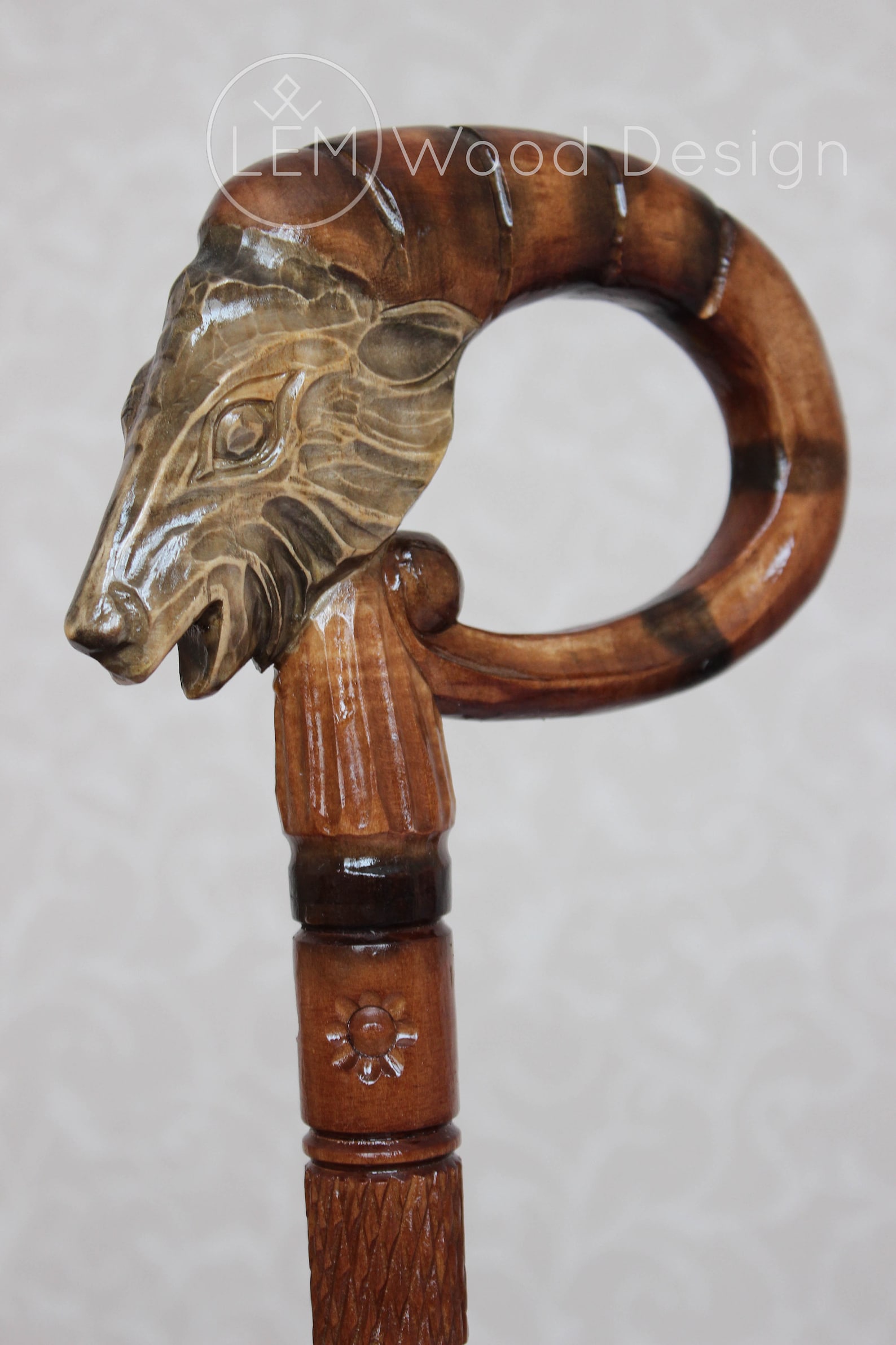 Hand Carved Walking Cane Wooden Ram Open Carved Handle Wood - Etsy