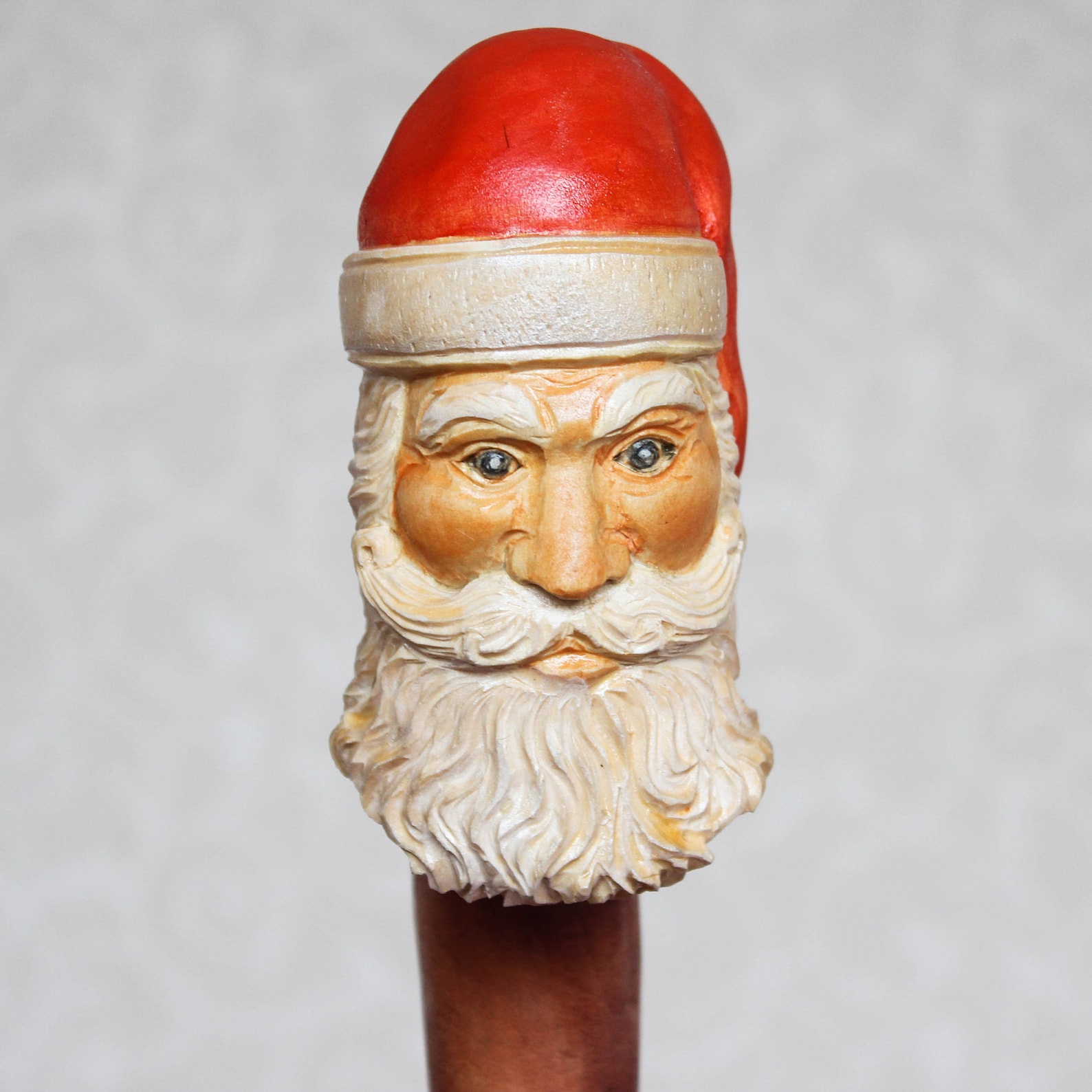 Christmas cane with Santa Hand carved handle and shaft Custom | Etsy