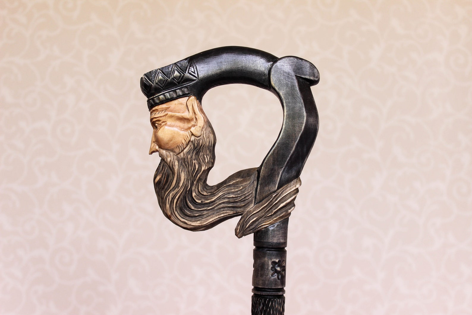 Black Wooden Cane Dark King Carved Handle and Staff Length - Etsy