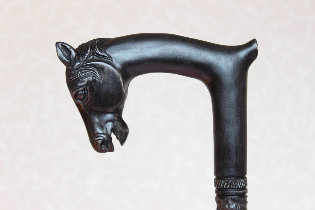 Hand Carved Horse Wooden Cane - Black Walking Stick With Horseshoes - Etsy
