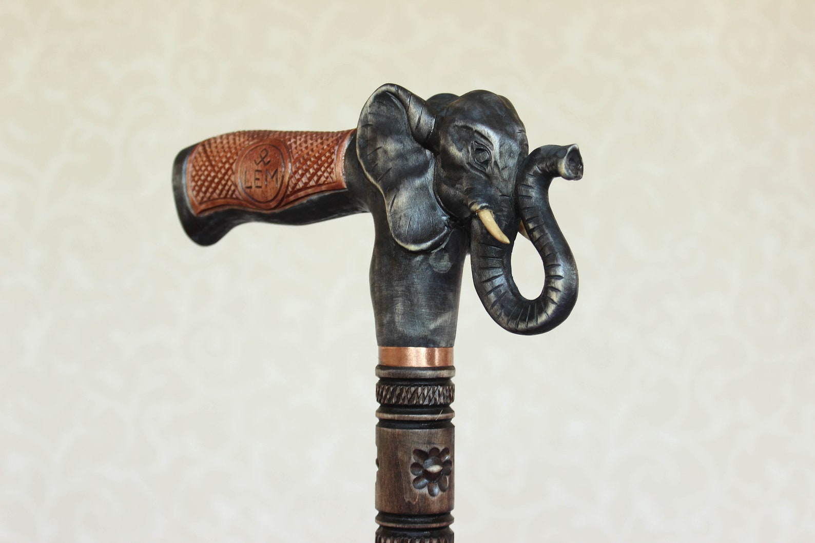 Hand Carved Black Elephant Wooden Walking Cane: Handmade Hiking Stick ...