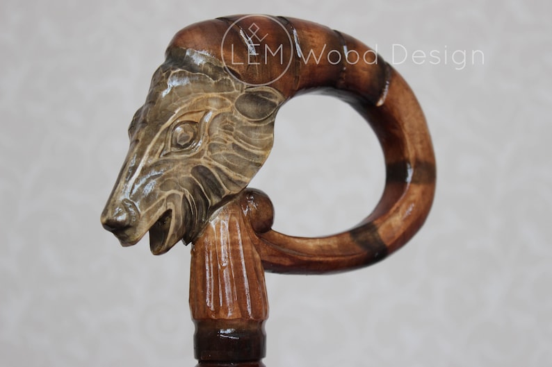 Hand Carved Walking Cane Wooden Ram Open Carved Handle Wood Craft Staff ...