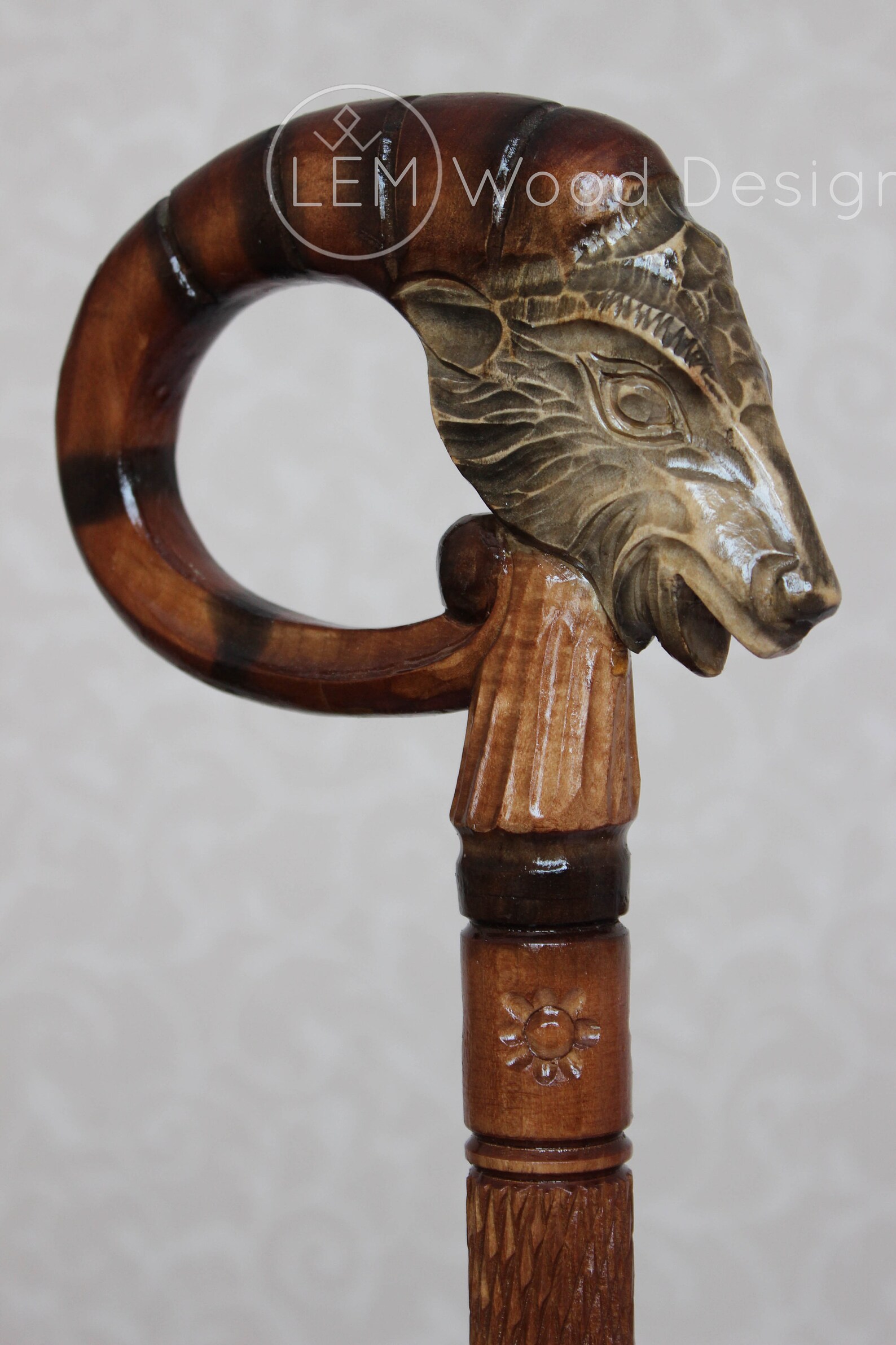 Hand Carved Walking Cane Wooden Ram Open Carved Handle Wood - Etsy