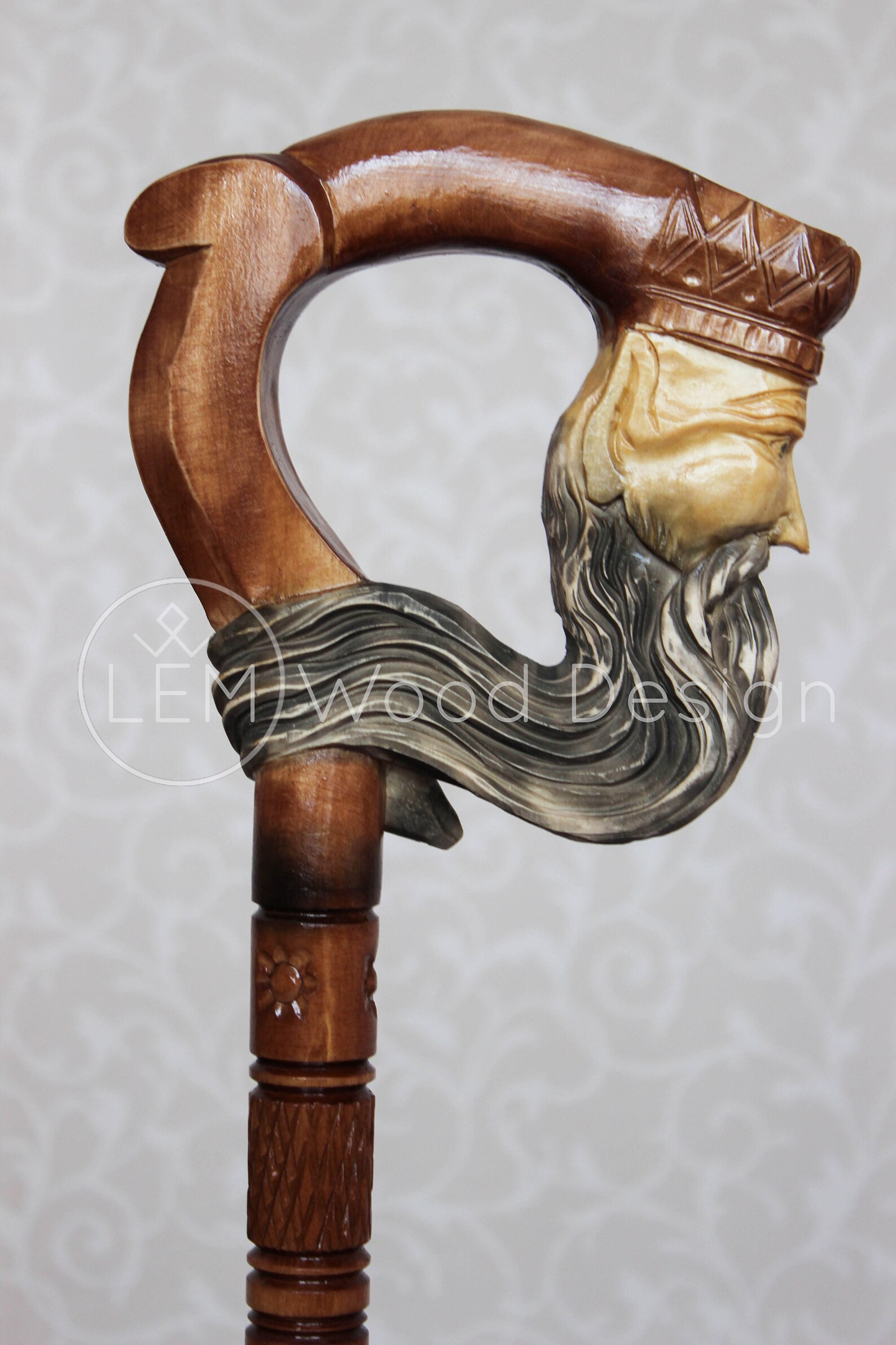 Carved Walking Stick Neptune Handle Wooden Cane Wood Craft - Etsy