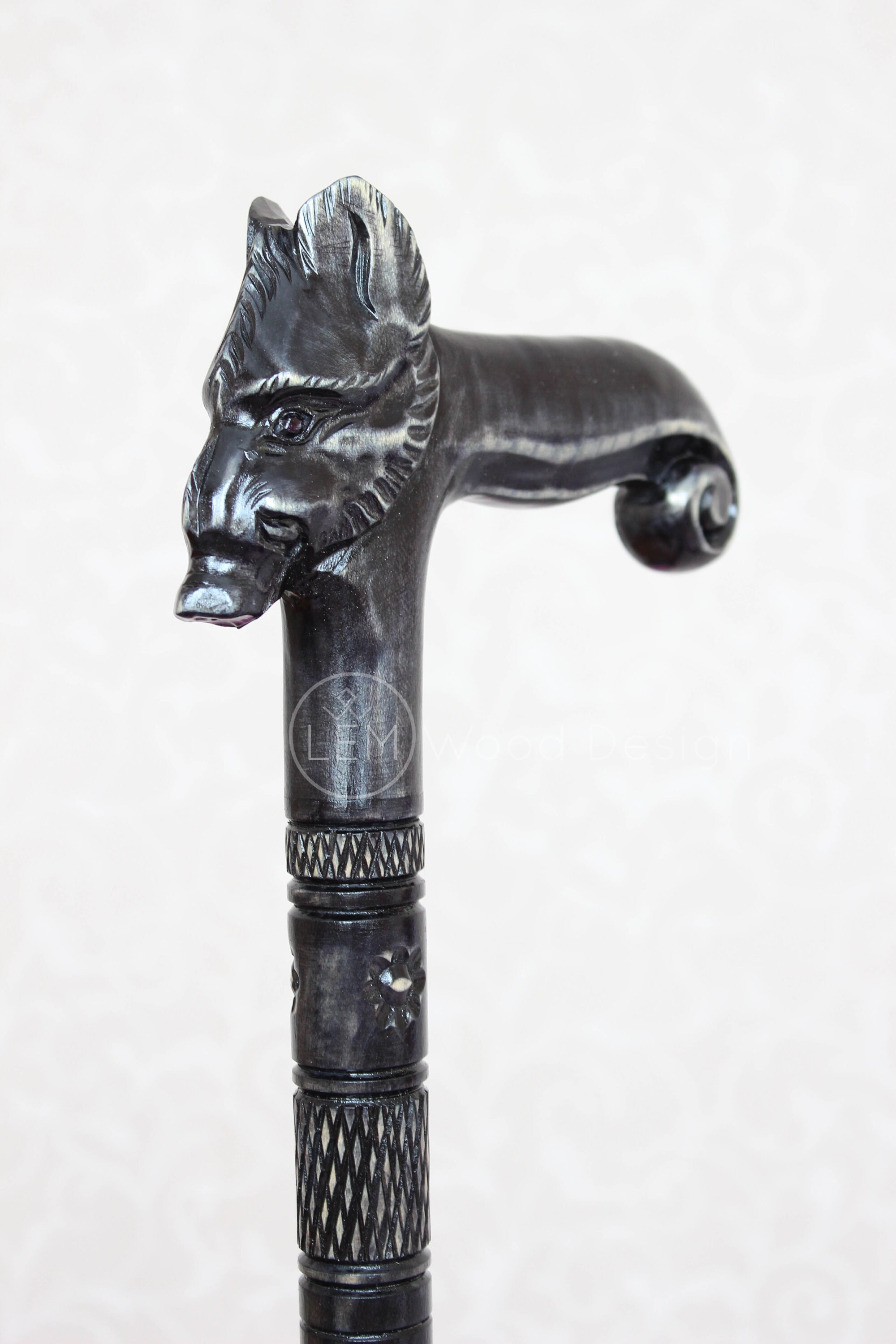 Walking Stick Wild Boar Carved Handle & Staff Black Wooden | Etsy