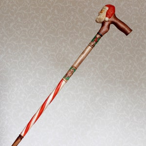 Christmas Cane With Santa Hand Carved Handle and Shaft Custom Walking ...