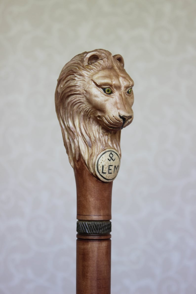 Lion Walking Stick Carved Handle With Simple Staff Length | Etsy