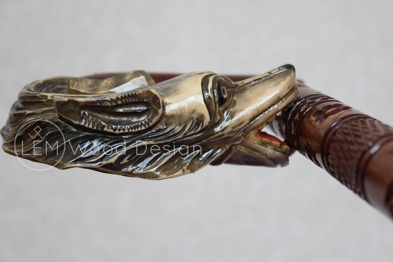 Walking Stick Wolf Carved Handle Wooden Cane Hiking Stick - Etsy