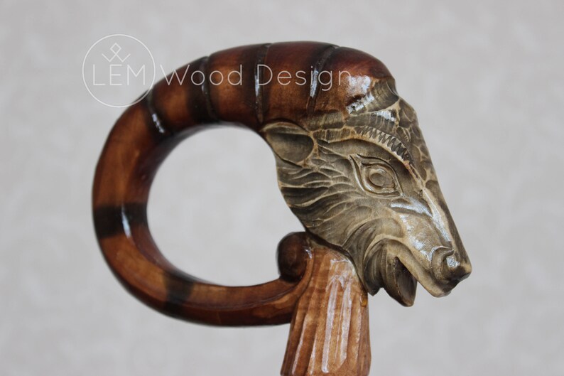 Hand Carved Walking Cane Wooden Ram Open Carved Handle Wood Craft Staff ...