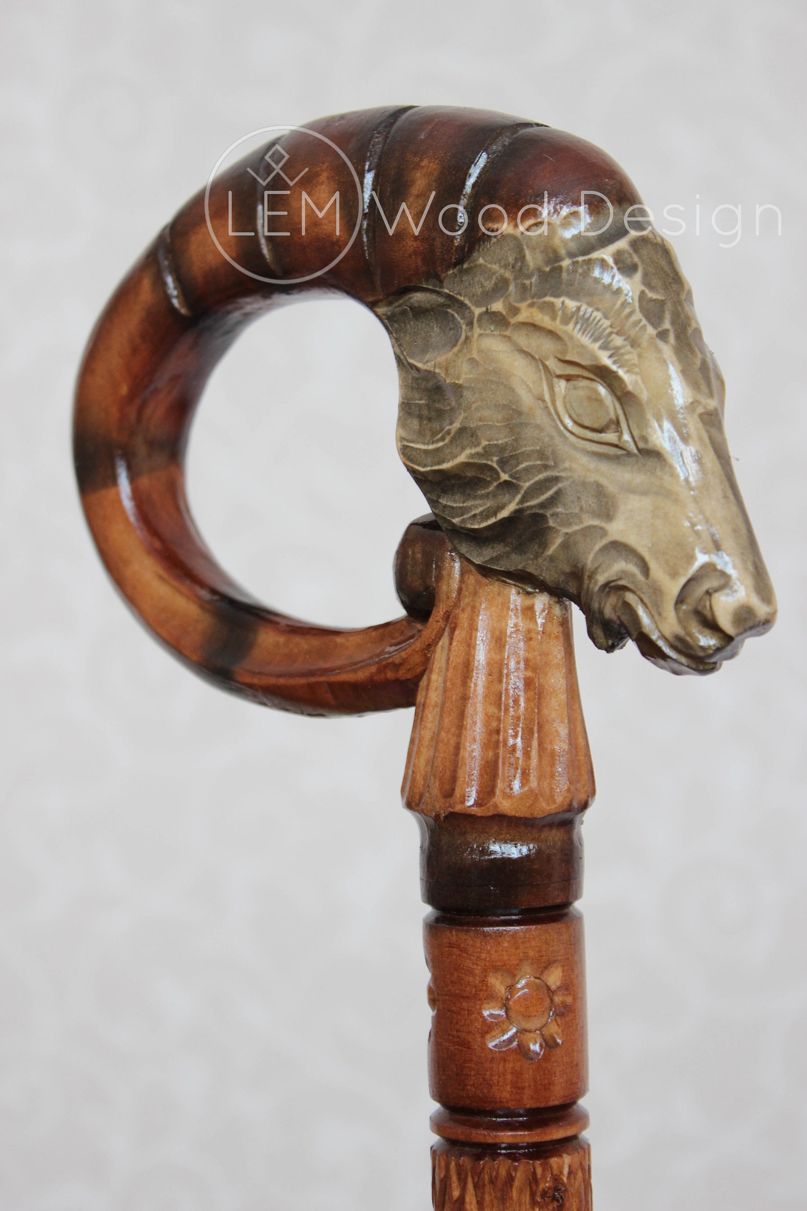 Walking Cane Wooden Ram Carved Handle Wood Craft Staff Hiking - Etsy