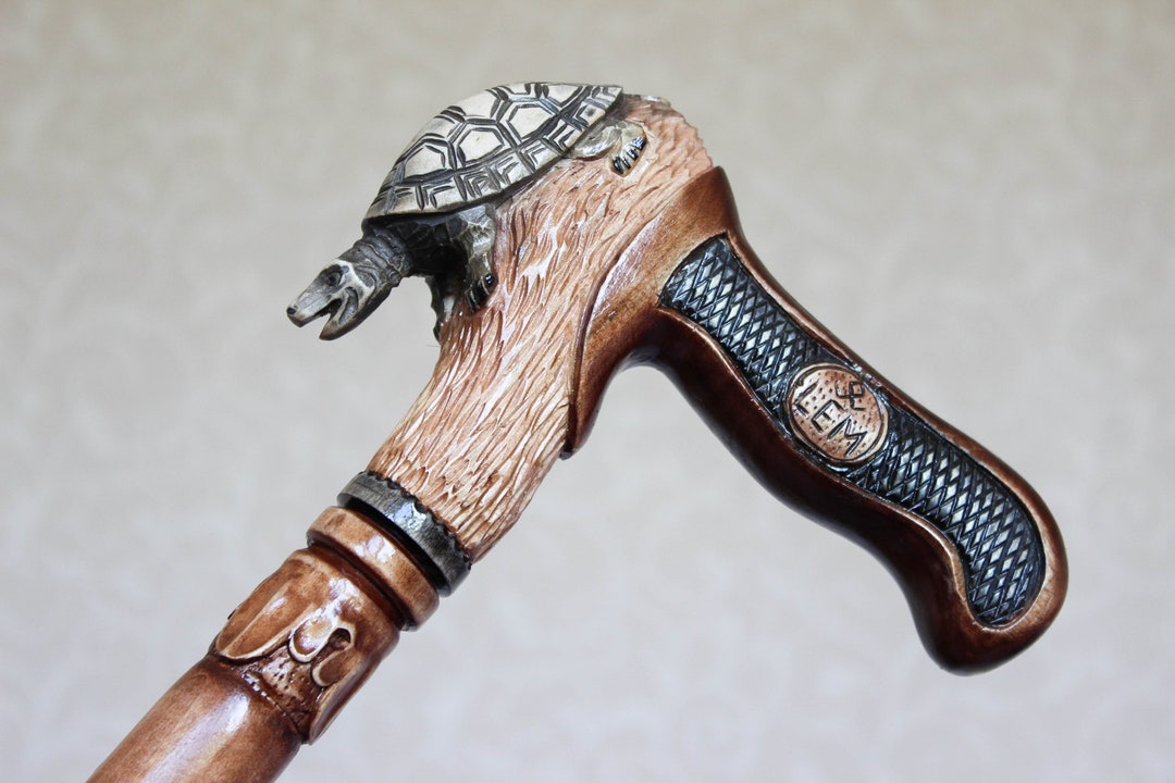 Turtle Hand Carved Wooden Cane Walking Stick With Craft Handle Elegant ...