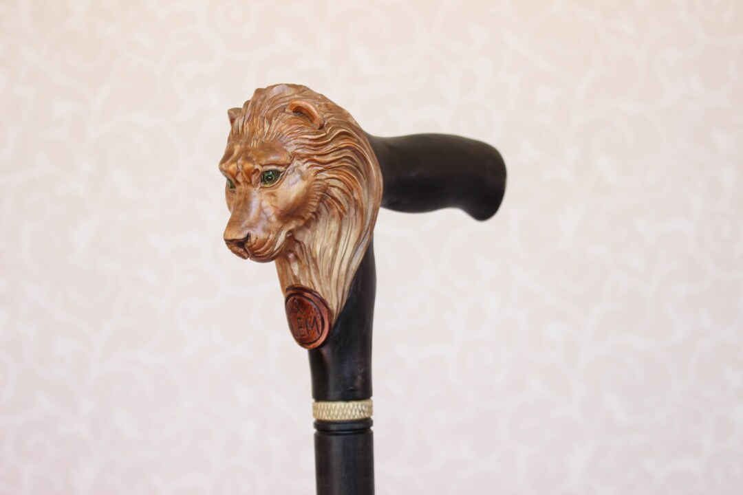 Leo Wooden Cane Walking Stick Lion Carved Handle Zodiac Leo Gift Hiking ...