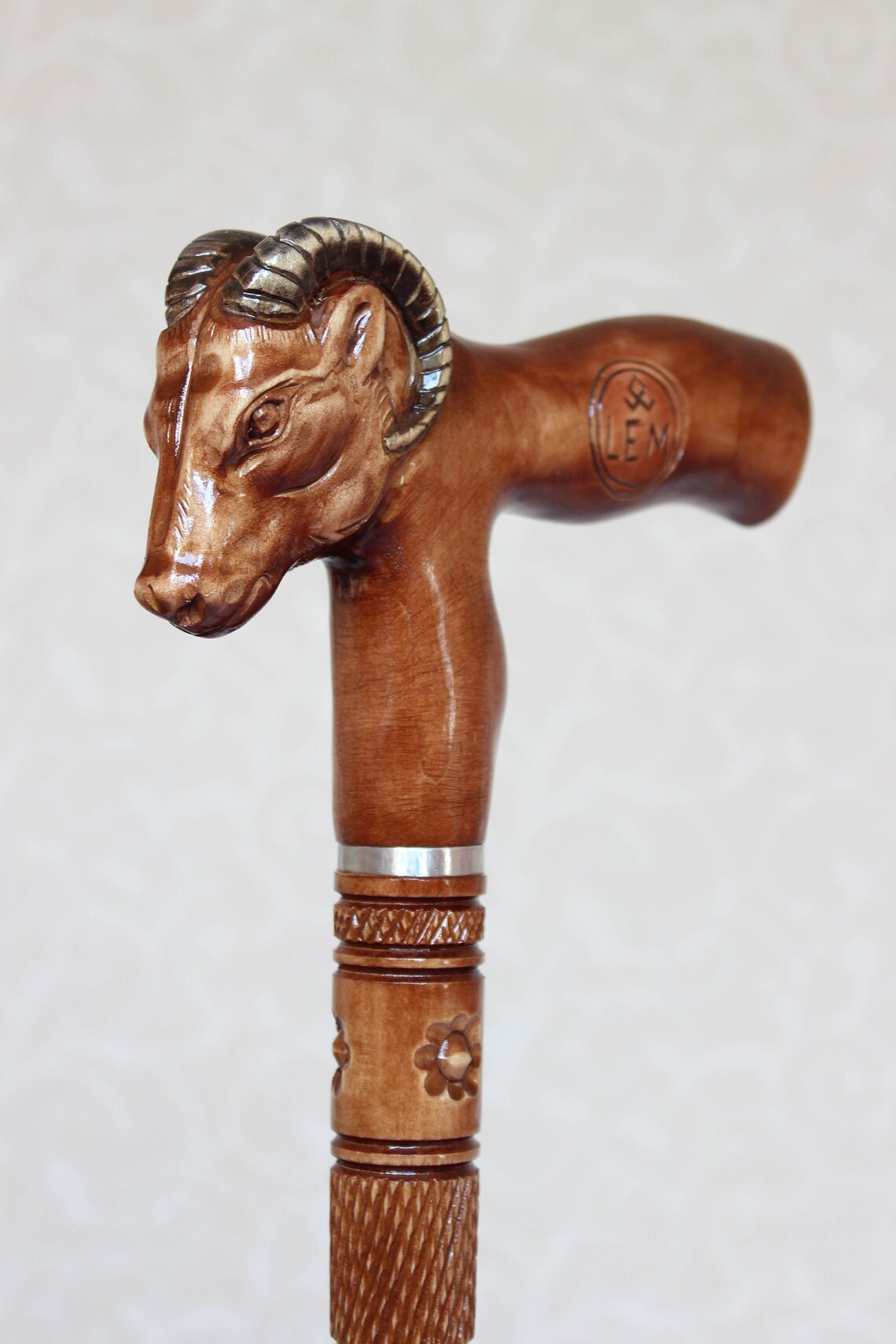 Ram Wooden Cane Carved Handle and Staff Brown Walking Stick | Etsy UK