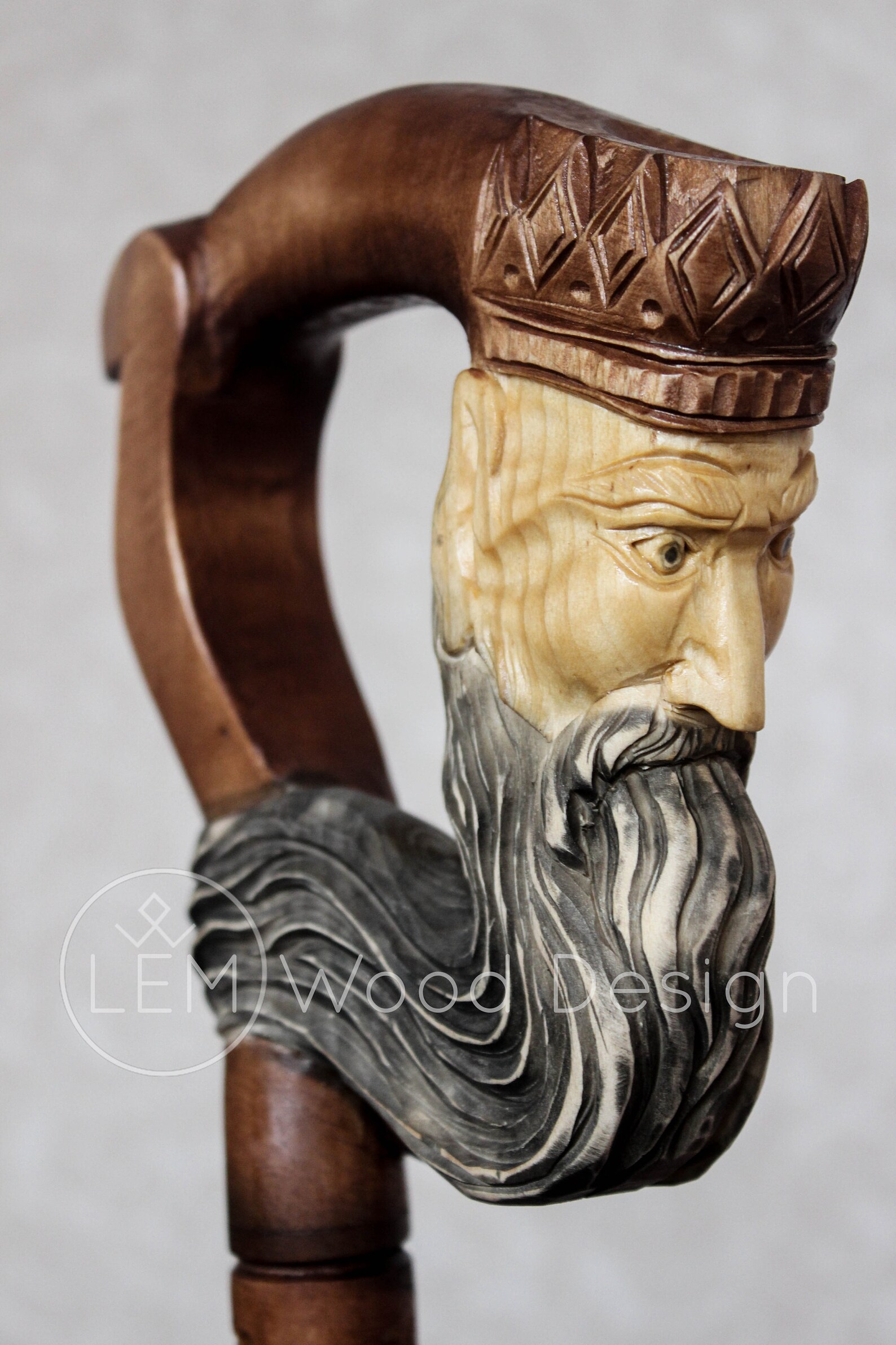 Carved Walking Stick Neptune Handle Wooden Cane Wood Craft - Etsy