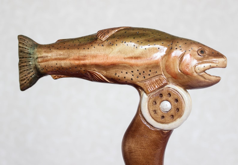 Hand Carved Rainbow Trout Walking Cane: Wooden Hiking Stick for ...