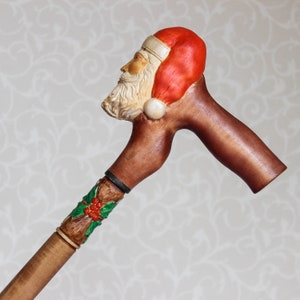 Christmas Cane With Santa Hand Carved Handle and Shaft Custom Walking ...