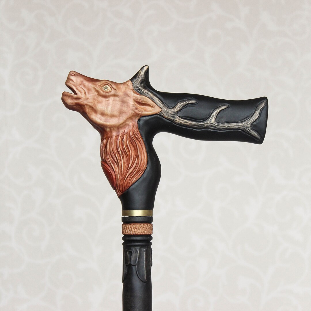 Hand Carved Deer Head Wooden Walking Cane - Handmade Hiking Stick - Etsy