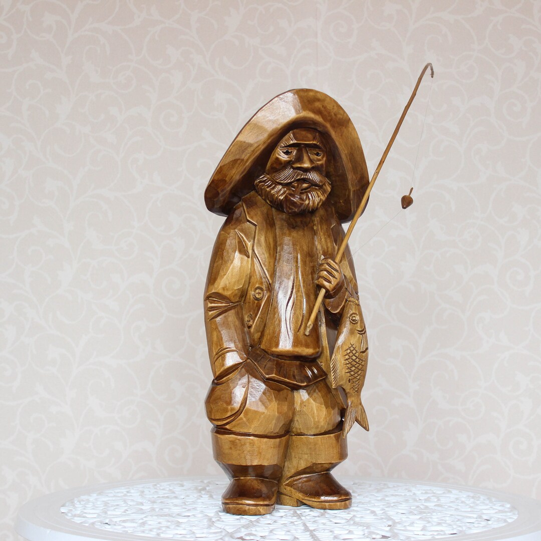 Fisherman Statuettes From Wood Height 15 Inches Fisher Wooden Sculpture ...