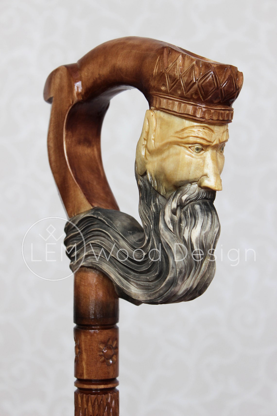 Carved Walking Stick Neptune Handle Wooden Cane Wood Craft - Etsy