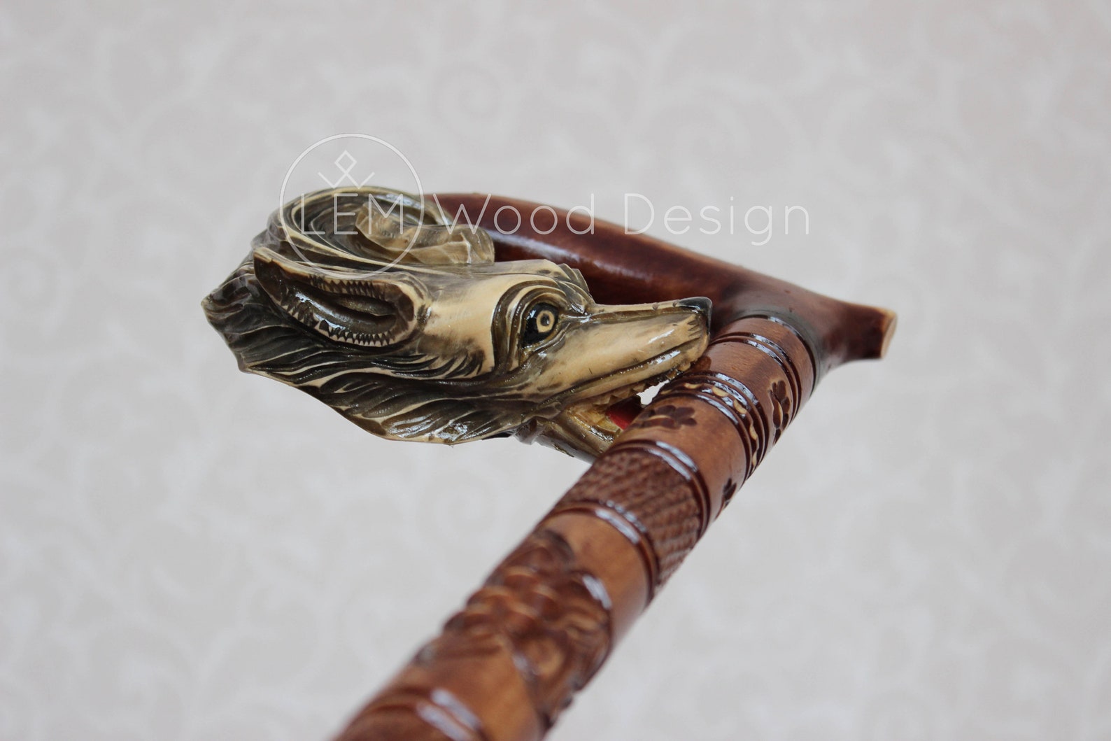 Walking Stick Wolf Carved Handle Wooden Cane Hiking Stick - Etsy