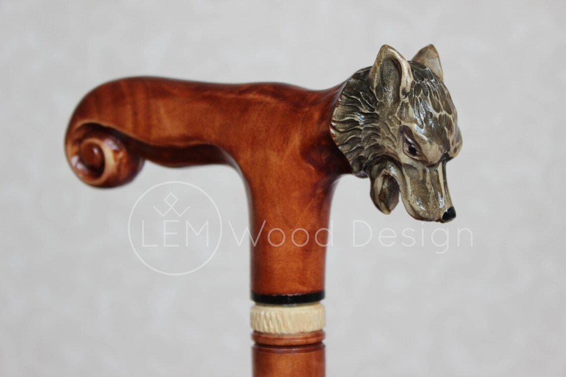 Women Walking cane Wolf Carved handle Dog Wood carved Hiking | Etsy